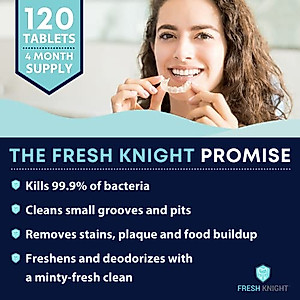 Retainer Cleaner, Denture Cleaner (120 Tablets) Removes Cloudiness, Brightens and Freshens Clear Aligners, Retainers, Night Guards, Mouth Guards, Dental Appliances, Fresh Knight