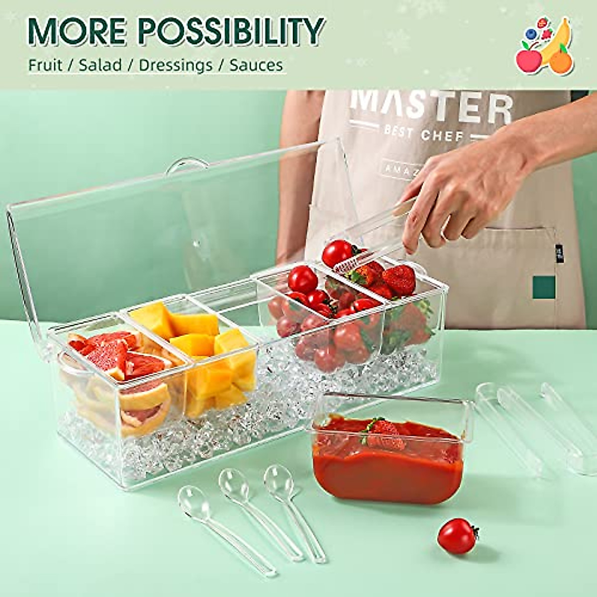 BELIBUY Condiment Server, Ice Chilled 5 Compartment Server CadCondiment Server,Condiment Containers with Lids, 5 Compartment Ice Chilled Caddy Clear Condiment Caddy with Iced Cube Fruit Serving Trays
