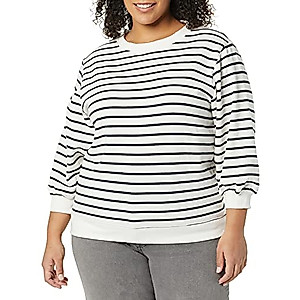 Amazon Essentials Women's French Terry Fleece Sleeve Detail Crewneck Sweatshirt, Black White Stripe, Large