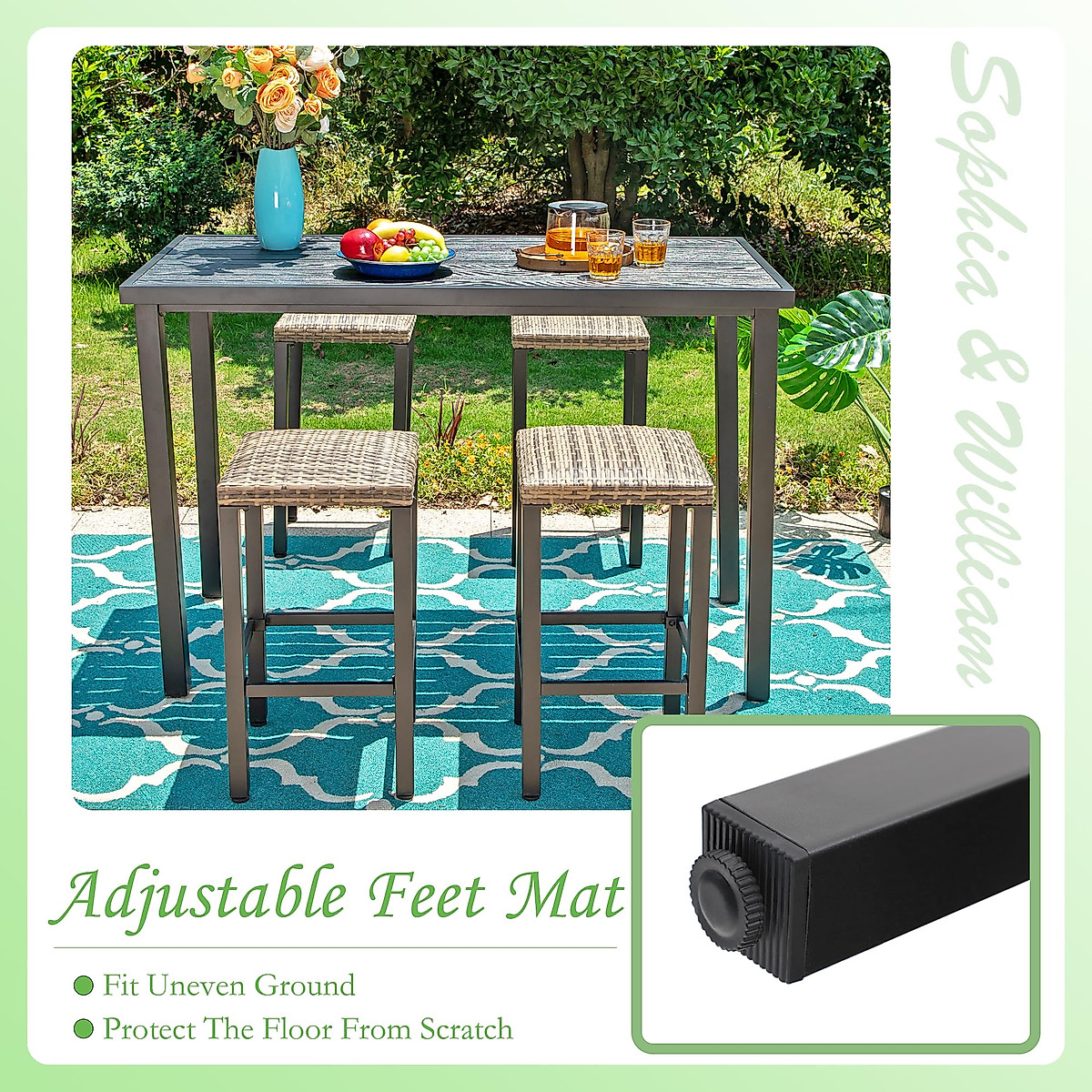 Sophia & William Outdoor Patio Bar Stools Set of 4, Counter Height Backless Rattan Wicker Bar Chairs with Adjustable Feet Mats, Patio Furniture with Metal Frame for Patio Kitchen Dining, 26.4" H