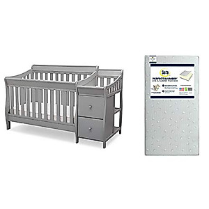 Delta Children Bentley S Convertible Crib N Changer, Grey + Serta Perfect Slumber Dual Sided Recycled Fiber Core Crib and Toddler Mattress (Bundle)