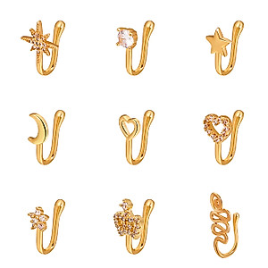 HMOOY 9Pcs Fake Nose Rings, Gold African Nose Cuff Non Piercing Clip On Nose Ring Nose Clip Nose Ring Fake Nose Ring Cuff Nose Clip Jewelry for Women Men (Gold)