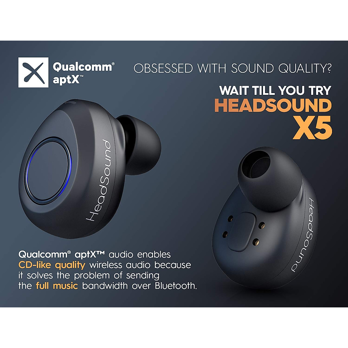 HeadSound X5 True Wireless Earbuds Headphones, CVC 8.0 Noise Reduction, Bluetooth 5.0 APTX HD Sound In Ear Totally Wireless Earphones, 32Hr Play Auto Pairing IPX7 Sweatproof Sport Headset,Built in Mic