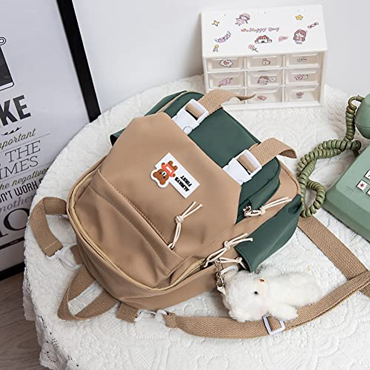 AZURAOKEY Cute Mini Backpacks with Accessories, Kawaii Girls Student Shoulder School Bags Small Travel Kawaii Small Backpack Aesthetic Backpack for School, Travel (Coffee)