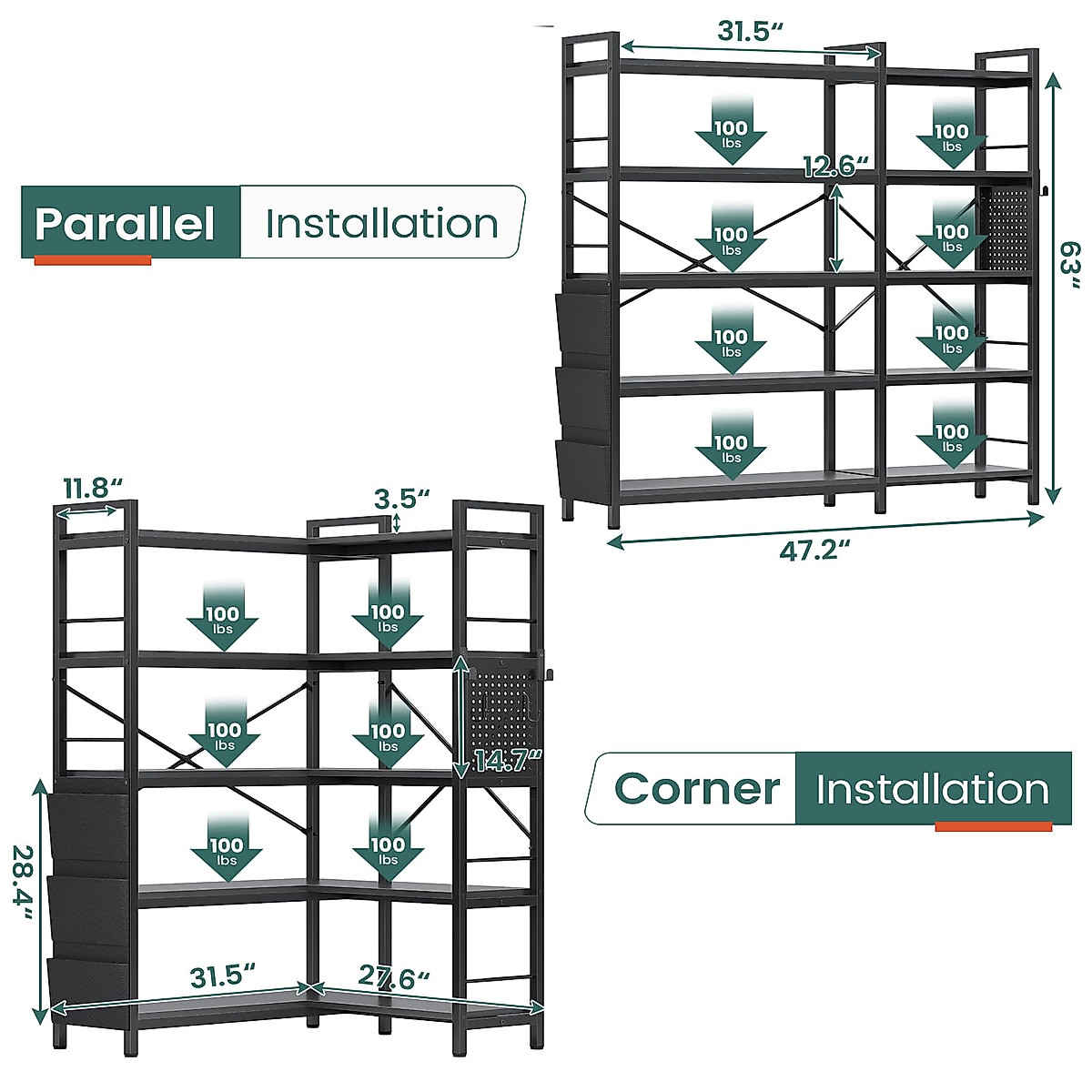 SEDETA 5 Tier Corner Bookshelf, Modern Corner Bookcase, Convertible Bookshelf with Storage Bag, Pegboard & LED Light, Tall Bookshelves for Bedroom, Living Room and Home Office, Black