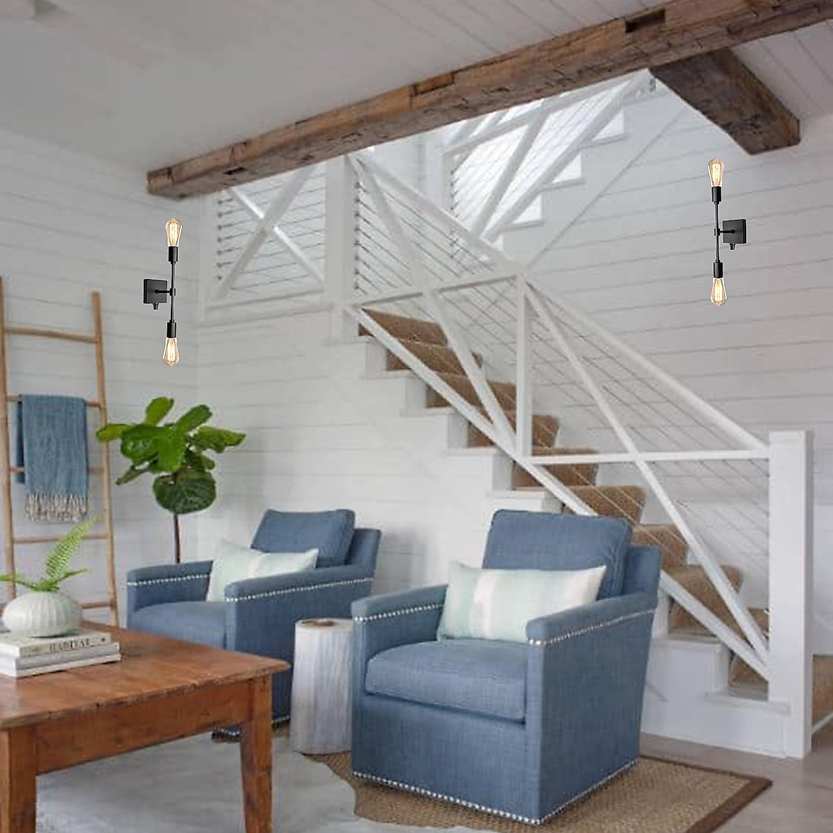 SKIVTGLAMP Industrial Wall Sconce Rechargeable Battery Operated LED Picture Lights with Remote, Cordless E26 LED Two-Heads Black Wall lamp Dimmable for Hallway No Drilling Aisle 2 Lights