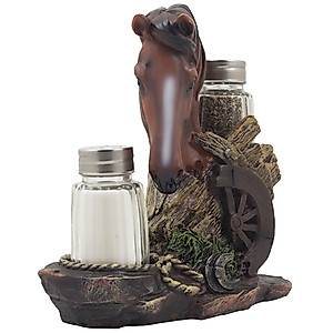 Home 'n Gifts Chestnut Resin Shaker Set with Horse Holder, 3 Pieces, 6 x 3 x 2 inches, Western Ranch Decor, Country Farm Kitchen Table Centerpiece, Gift for Farmers