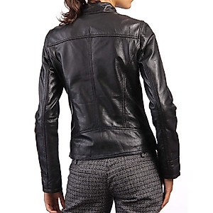 Price Right Women Genuine Lambskin Leather Slim Fit Cafe Racer Black Jacket Biker Coat (Black, Large)