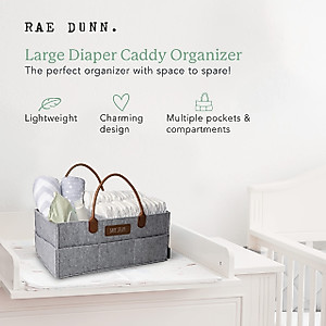 Rae Dunn Baby Diaper Caddy Organizer, Baby Stuff Storage Organizer for Nursery, Changing Table and Car, Portable Basket for Baby Items, Baby Shower Gifts, Grey Felt with Leather Handles, Large
