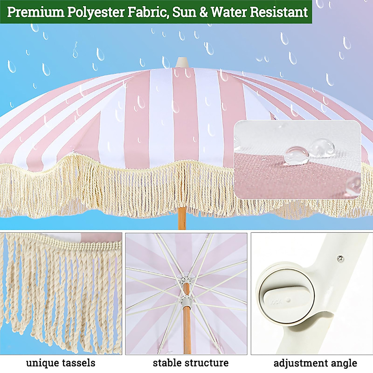 HM&DX Pink Patio Umbrella with White Tassels,7 Ft Outdoor Table Umbrella Button Tilt,Round Outdoor Umbrella 8 Sturdy Ribs,Sun Shade Rainproof Garden Umbrella