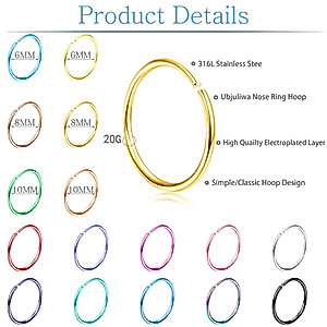 Ubjuliwa 48Pcs 20G Nose Rings Hoop for Women Men 316L Stainless Steel Helix Tragus Piercing Lip Septum Rings Cartilage Earring Hoop Piercing Jewelry