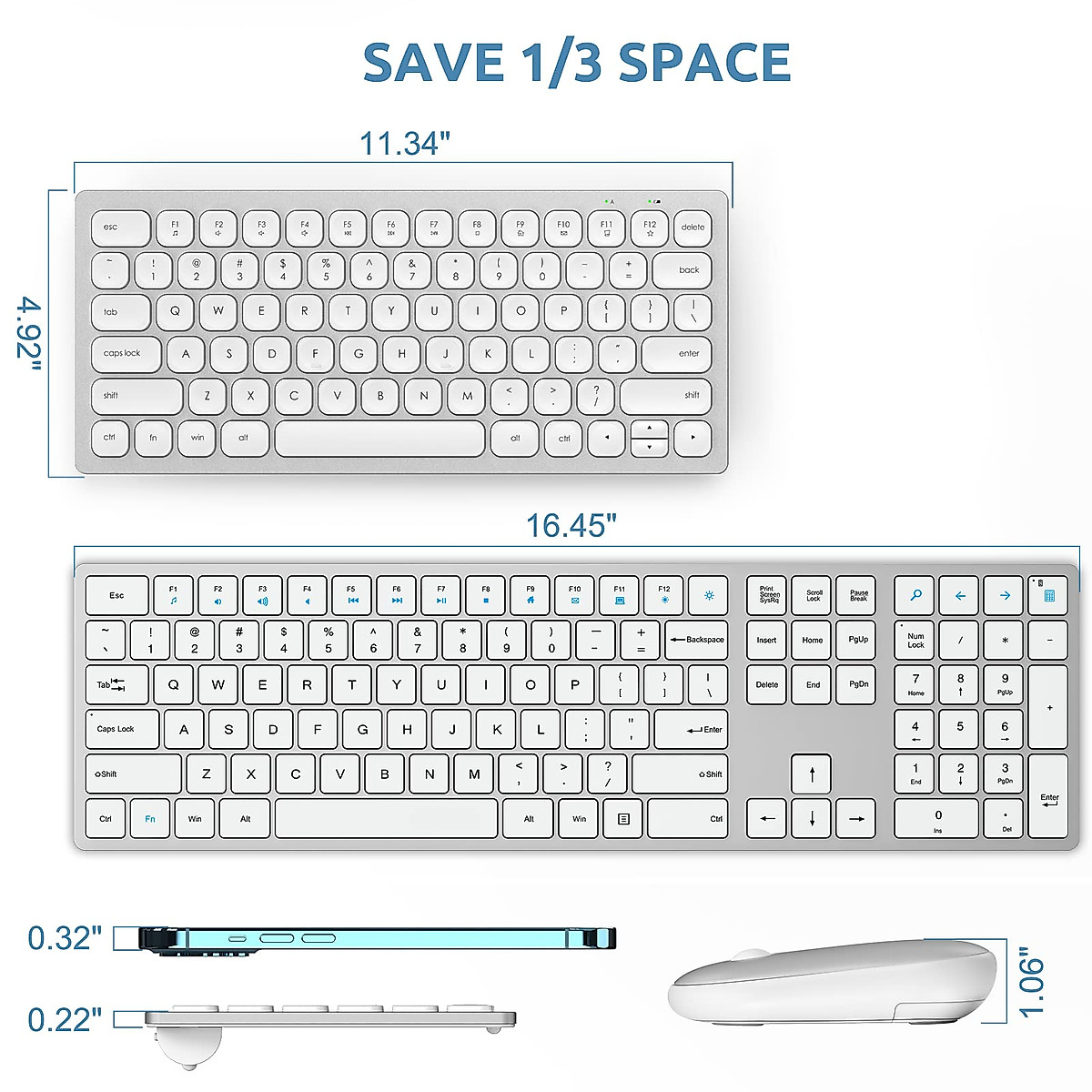 Wireless Keyboard and Mouse, WisFox 2.4GHz Compact Keyboard Mouse Combo, Small Quiet USB Laptop Keyboard Portable Mini Wireless Keyboard for Computer Window PC Notebook (Silver White)