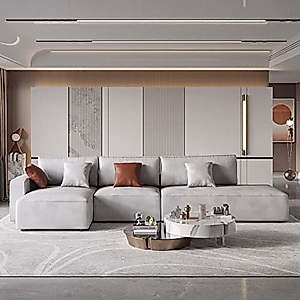 JACH 145" Modular Leathaire Large Sectional Sofa with Chaise, L-Shaped Faux Leather 5 Seater Minimalist Couch, Modern Right Hand Facing Sectional Sofas with 3 Throw Pillows (Beige)