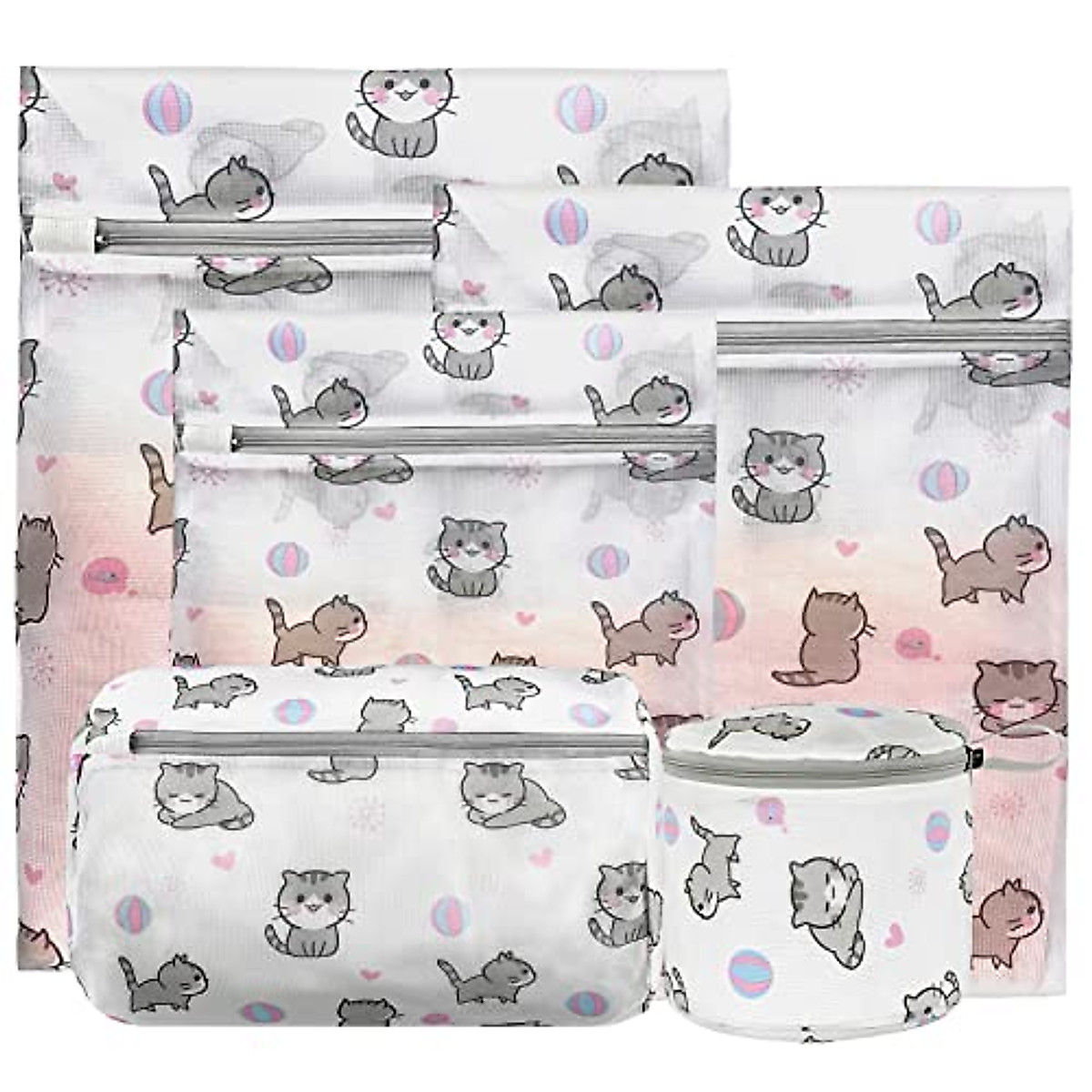 Xducom Mesh Laundry Bags for Delicates with Cute Prints,Set of 5 Lingerie Bags for Washing Delicates,Delicates Laundry Bags for Bra,Lingerie,Underwear,Sock(CAT)