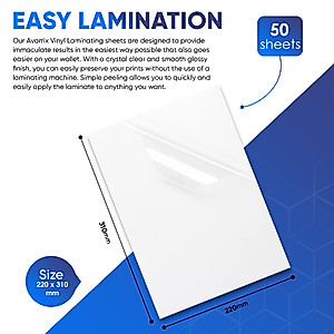 Avarrix Australia Self Adhesive Laminate Sheets for Stickers, Waterproof Label Stickers, Protection for Printable Vinyl Stickers, Glossy, Tear Resistant, Ultra Strong Bond, Pack of 50, A4 Size