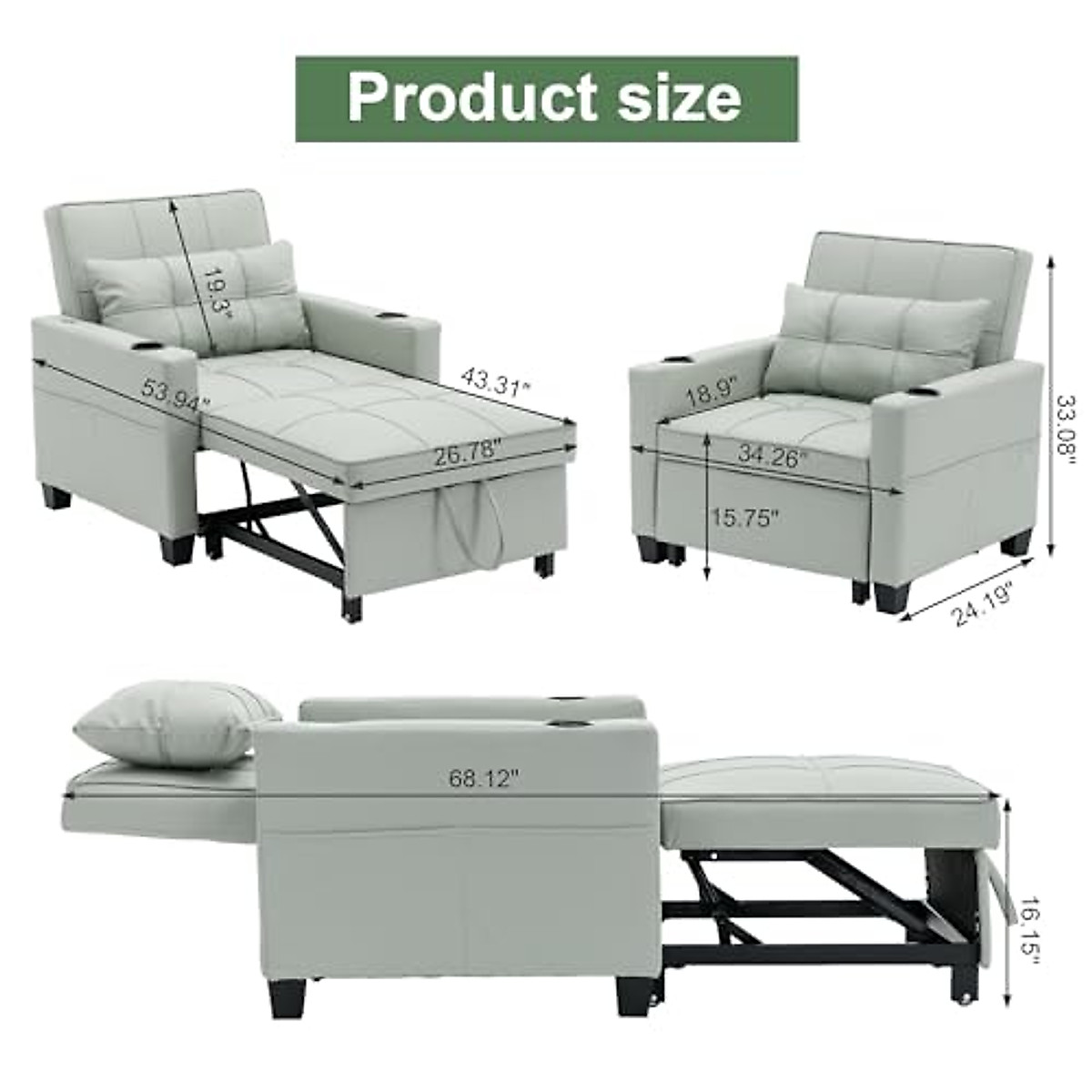 HForesty 3-in-1 Pull Out Sofa Bed, Convertible Chair Bed with USB Port, Sleeper Sofa Couch with 3-Level Adjustable Backrest, Sofa Bed Couch with Breathable Linen Fabric for Living Room, Green