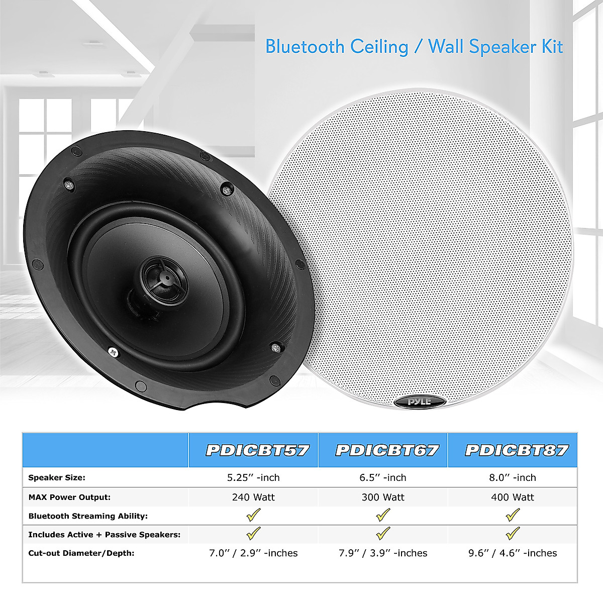 Pyle Pair 8.0” Bluetooth Universal Flush Mount In-wall In-ceiling 2-Way Speaker System Dual Polypropylene Cone & Polymer Tweeter Stereo Sound 400 Watts (PDICBT87) , Black