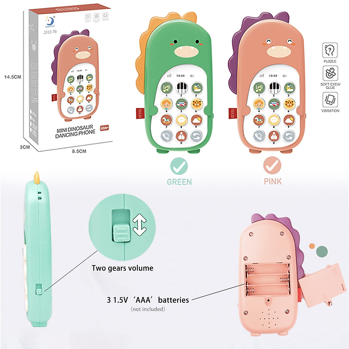 HangLei Toys Baby Dinosaur Cell Phone Toy with Teething Glue, Music & Story & Vibration Modes, 2 Gears Volume, Touch Training Fake Phone for Kids, Preschool Birthday Gift for Girl Boy (Green)