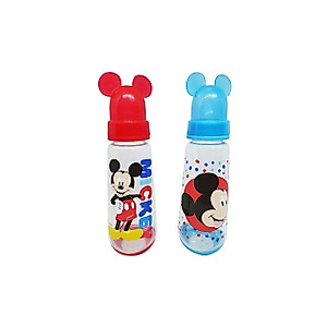 Disney Cudlie Mickey Mouse Baby Boy 2 Pack of 9 Oz Bottles with Removeable Character Molded Lid in Baby Mickey Star Print in Red & Blue
