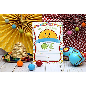 Taco 'Bout Fun Taco Themed First Birthday Fiesta Party Invitations, 20 5x7 Fill In Cards with Twenty White Envelopes by AmandaCreation