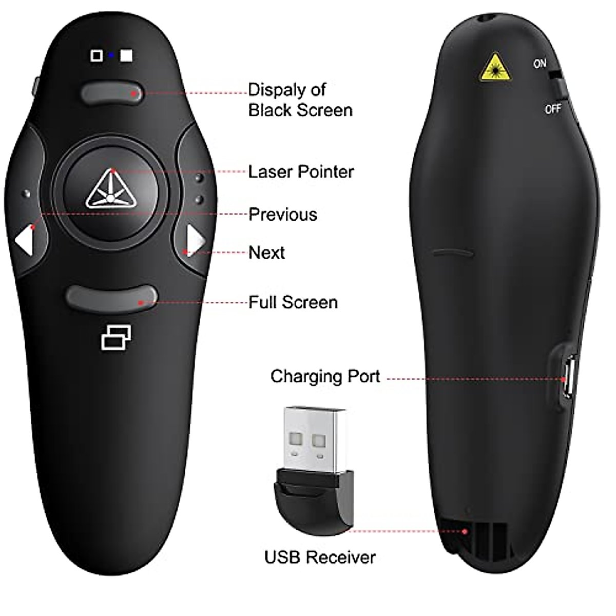 Rechargeable Presentation Clicker with Red Laser Pointer, Wireless Presenter Remote for PPT Clicker, 2.4GHz Presentation Remote Slide Advancer Powerpoint Clicker for Mac/Computer/Laptop/Keynote…