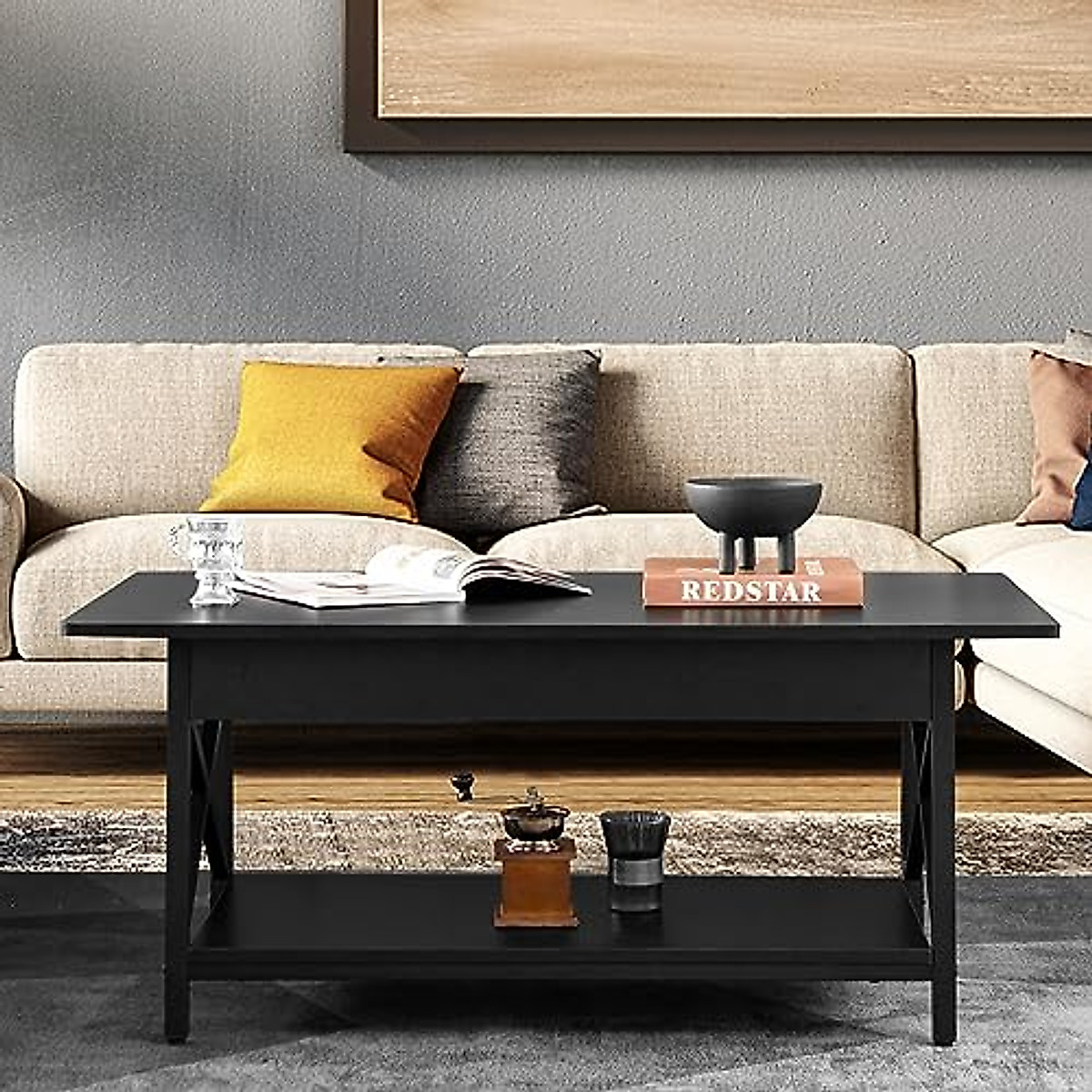 IFANNY Coffee Table, 44" Rectangle Cocktail Table with Storage Shelf, Industrial Accent Table with Metal Frame & Adjustable Foot Pads, Wood Center Table for Living Room, Home Office (Black)