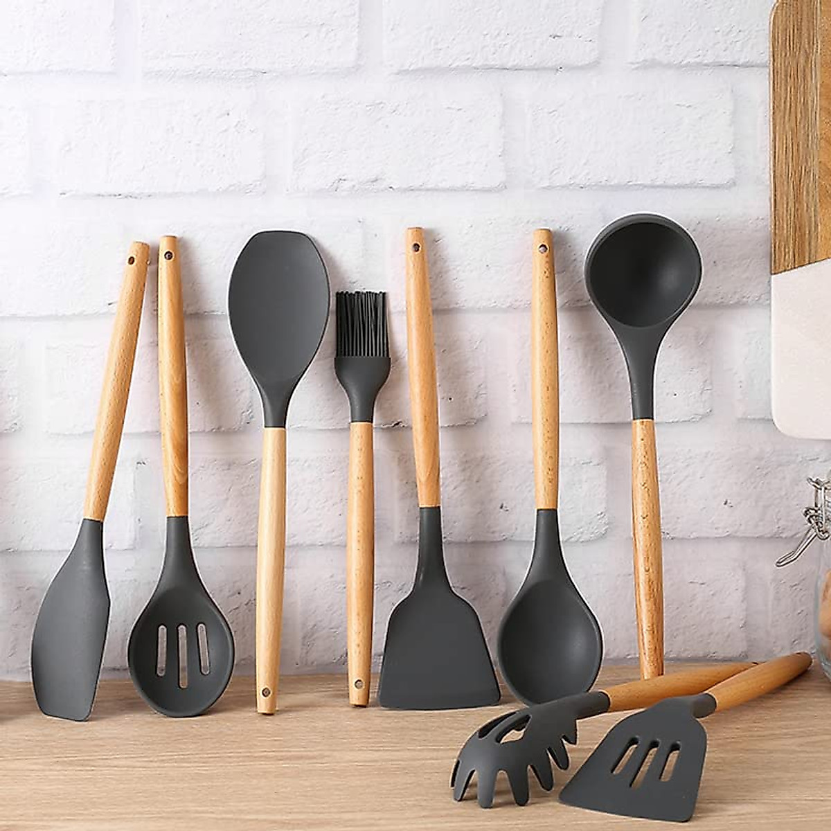 Silicone Cooking Utensils Kitchen Utensil Set, 12 PCS Wooden Handle Nontoxic BPA Free Silicone Spoon Spatula Turner Tongs Kitchen Gadgets Utensil Set for Nonstick Cookware with Holder