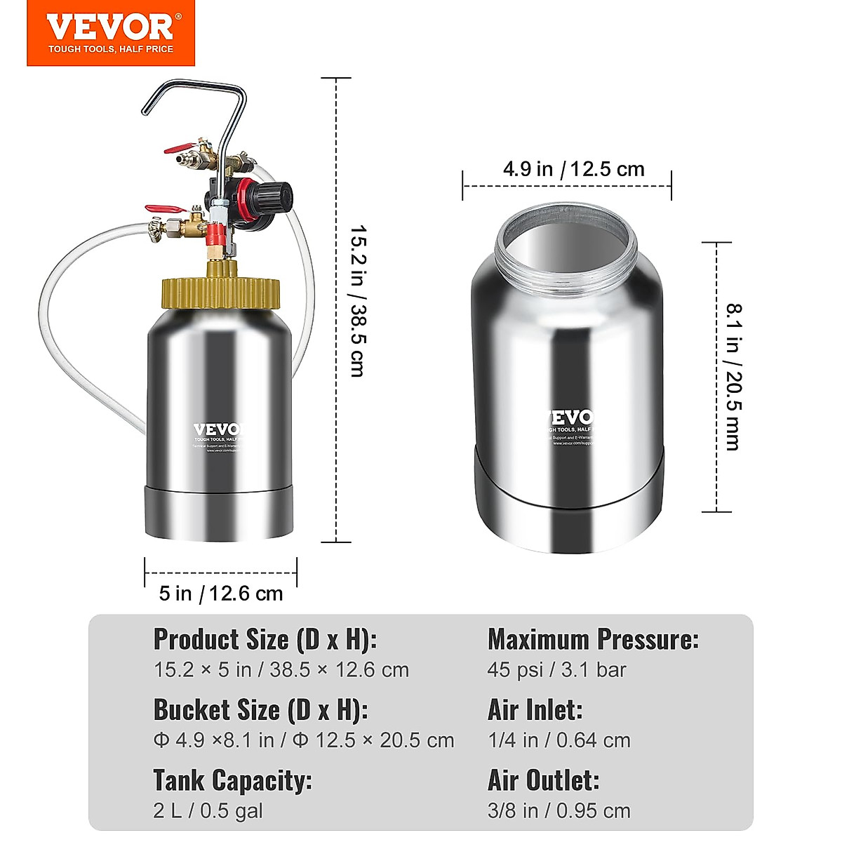 VEVOR Spray Paint Pressure Pot Tank, 2L/0.5gal Lightweight Air Paint Pressure Pot, 1.8mm Nozzle Spray Paint Gun 3m Hoses for Home Decoration Architecture Construction Automotive Painting, 45PSI Max