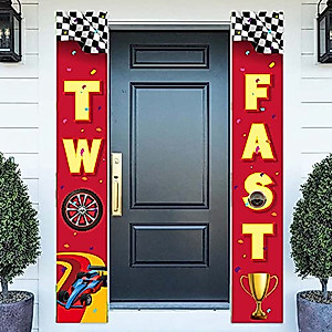 Two Fast 2 RaceCar Happy 2nd Birthday Banner Backdrop Background Race Car Check Flag Sports Theme Decor for Door Porch Indoor Outdoor Boys 2 Years Old 2nd Birthday Party Race Fans Decorations Favors