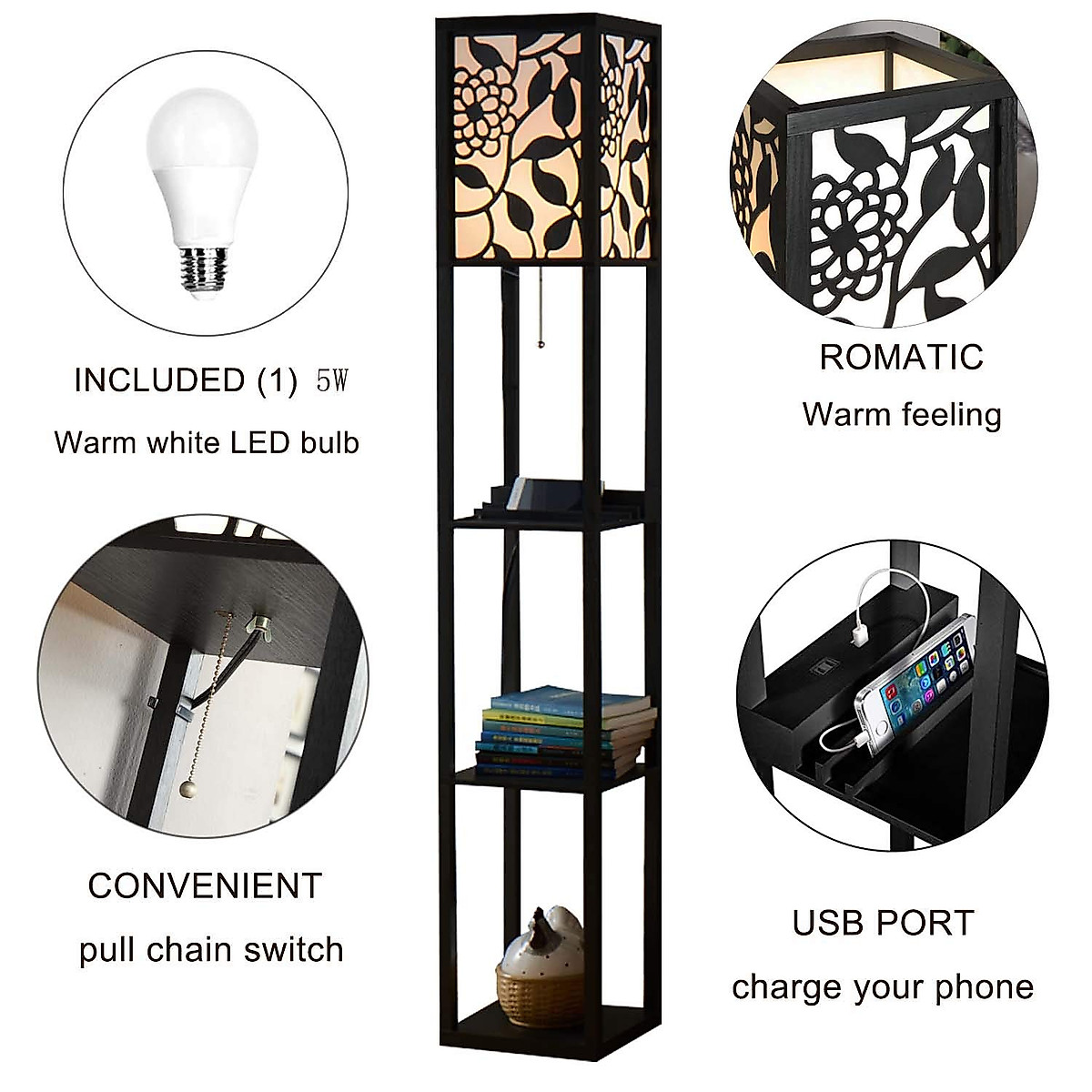 Floor Lamp with Shelves -Shelf Floor Lamp with 2 USB Charging Ports & Electric Outlet - Tall & Narrow Tower Nightstand for Living Room & Bedroom - Modern, Asian End Table with Light Attached