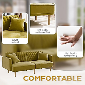 DAMAIFROM Futon Sofa Bed, Upholstered Comfy Velvet Futon Couch, Sleeper Sofa, Loveseat, Mid Century Modern Small Sofa, 75" Couches for Living Room, Office, Small Spaces, Olive Green