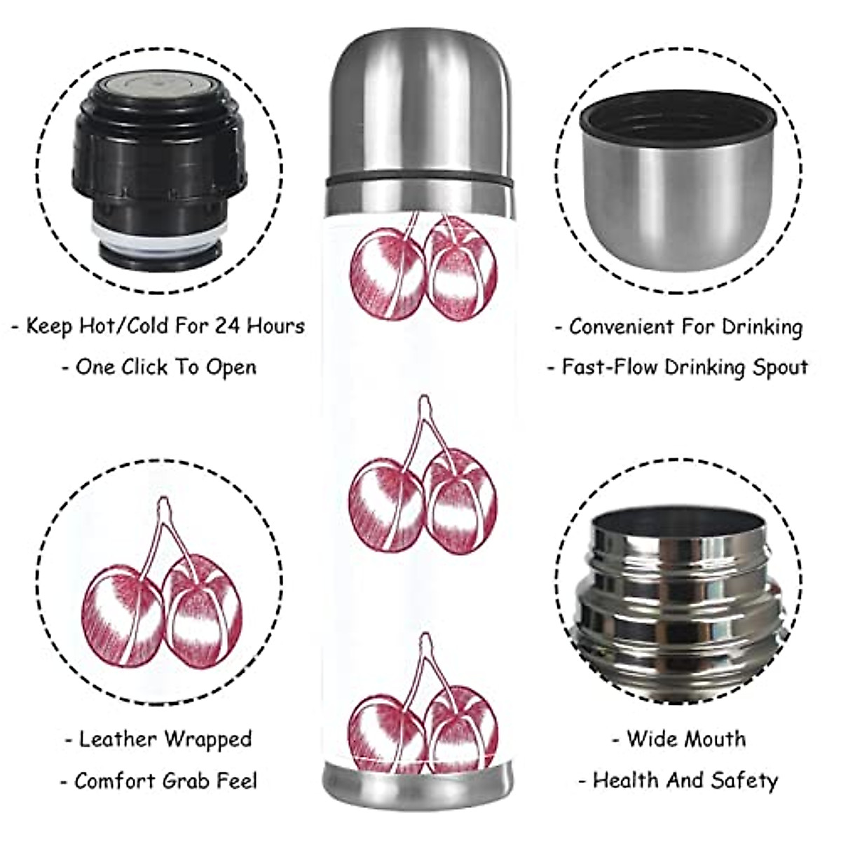 Stainless Steel Leather Vacuum Insulated Mug Cherries Thermos Water Bottle for Hot and Cold Drinks Kids Adults 16 Oz