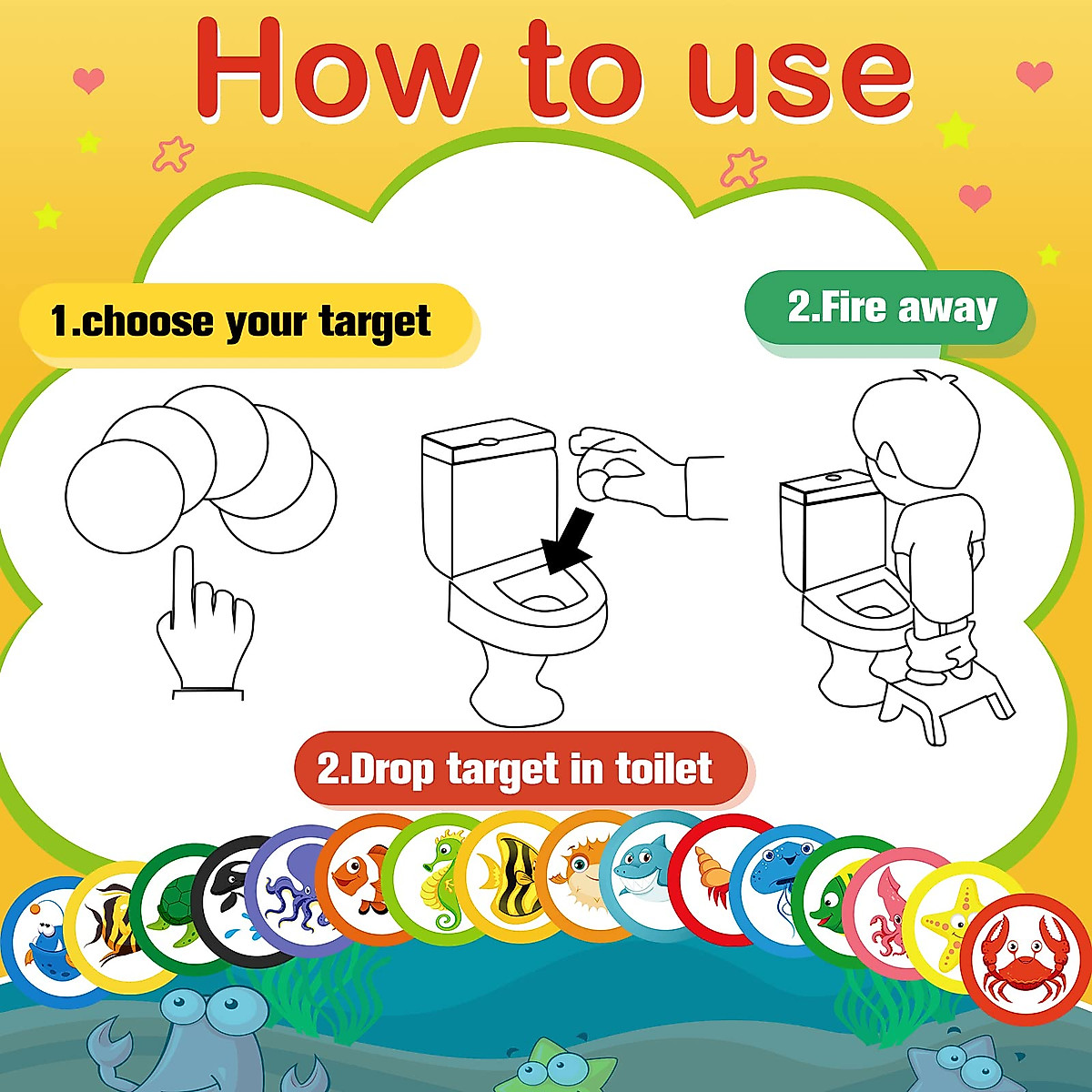 Woanger 240 Pieces Toilet Targets for Boys, Ocean Animals Potty Training Flushable Targets Sea Creatures Potty Training Stickers 2 Inch Pee Stickers Color Changing Pee Targets
