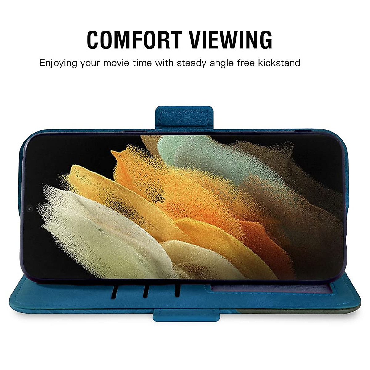 Compatible with Samsung Galaxy S21 Ultra 5G Wallet Case and Tempered Glass Screen Protector Wrist Strap Leather Flip Card Holder Stand Cell Phone Cover for S21ultra 21S S 21 21ultra G5 Women Men Blue