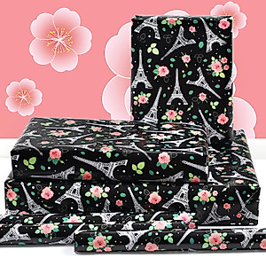 NEPOG Eiffel Tower Wrapping Paper, Black Paris Eiffel Tower Flower Gift Wrapping Paper for Women Men Boys, 6 Sheets Folded Flat 20x28 inches per Sheet for Wedding, Mother's Day, Birthday Party