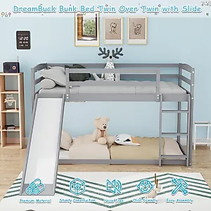 DreamBuck Twin Over Twin Bunk Bed with Convertible Slide and Ladder, Wooden Low Bunk Bed for Kids Teens with Safety Guardrails, Floor Bunk Bed for Boys Girls, Space Saving & Easy Assembly, Grey