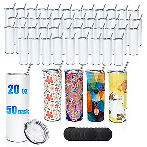 Icesip 50 Pack 20 OZ Sublimation Tumblers Blanks, Bulk 20oz Tumbler Blank for Sublimation Cups with Lids and Straws, Stainless Steel Double Wall Insulated Straight Mugs with Box