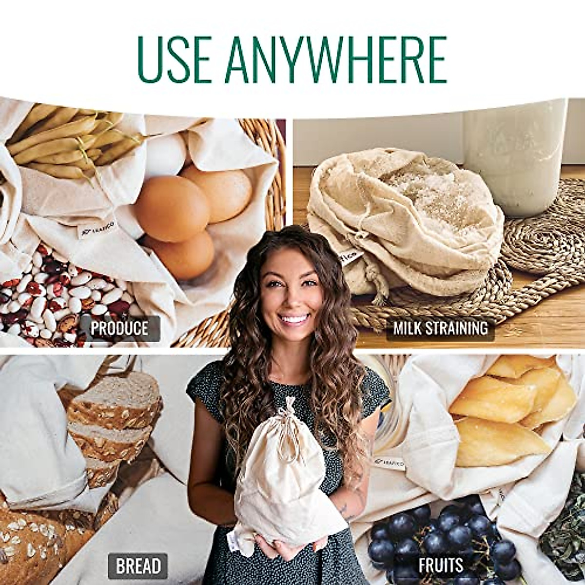 Organic Cotton Produce Bags - Medium 8x10 Inch - 12 Pcs Reusable Muslin Storage Bags with Drawstrings - Canvas Bags - Biodegradable Fabric Bags - Snack Bags - Cloth Bags by Leafico