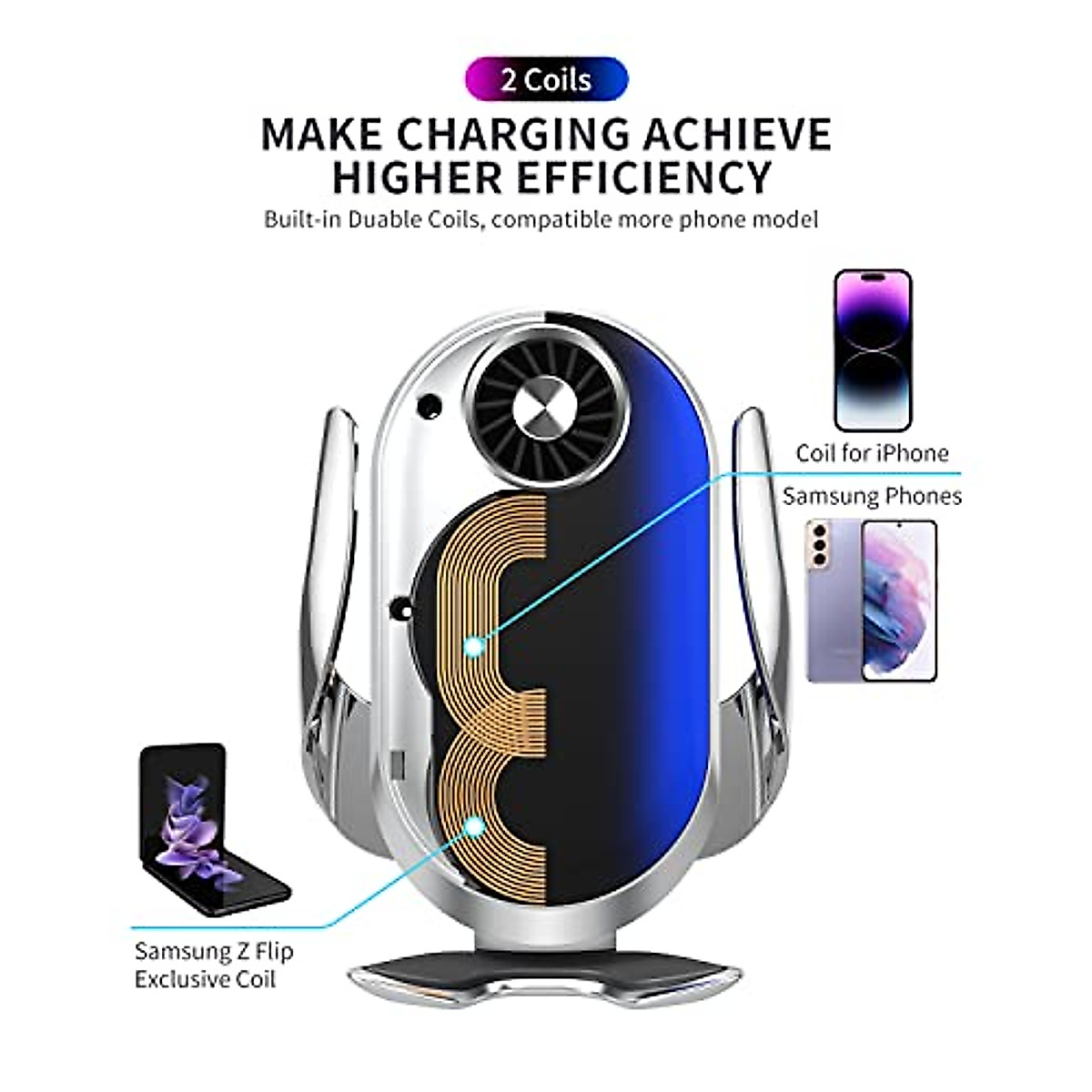 ANPULES Wireless Car Charger, Cooling Fan Wireless Charger Cup Holder for Tesla, Auto Clamping Car Charger Mount for iPhone14/ 13/12 Pro Max/11/10/8, Samsung Galaxy S/Note/FILP Series