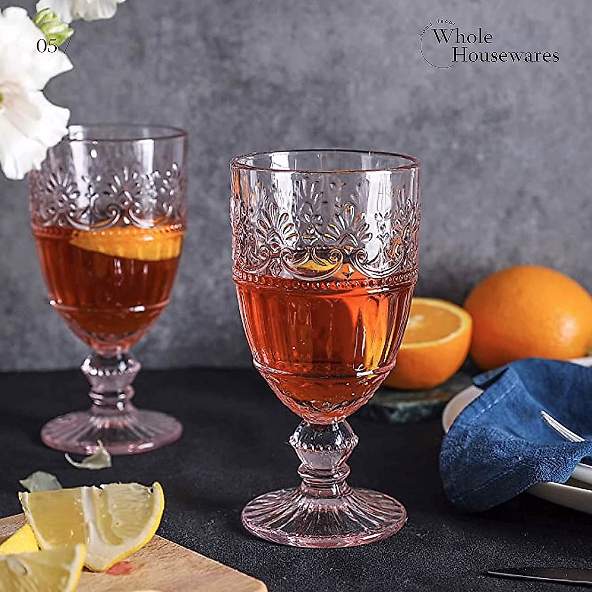 WHOLE HOUSEWARES | Pink Coloured Glass Goblet | Set of 6 Vintage Drinking Glasses | 11.5 oz Embossed Design | Wedding, Party Wine Glasses Set of 6 (Pink)