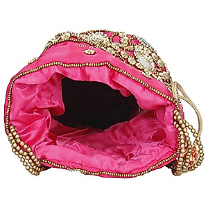 Traditional Satin Potli Bag with Round Mirror for Women & Girls - PINK