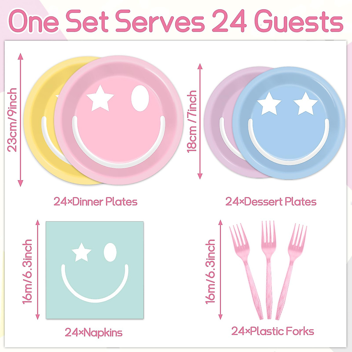 Justforjoyful 96Pcs Pastel Smile Face Party Decorations Paper Plates Napkin Preppy Smile Face Party Tableware Set Smile Face Dinnerware Supplies for Birthday Bachelorette Baby Shower Decor Serve 24