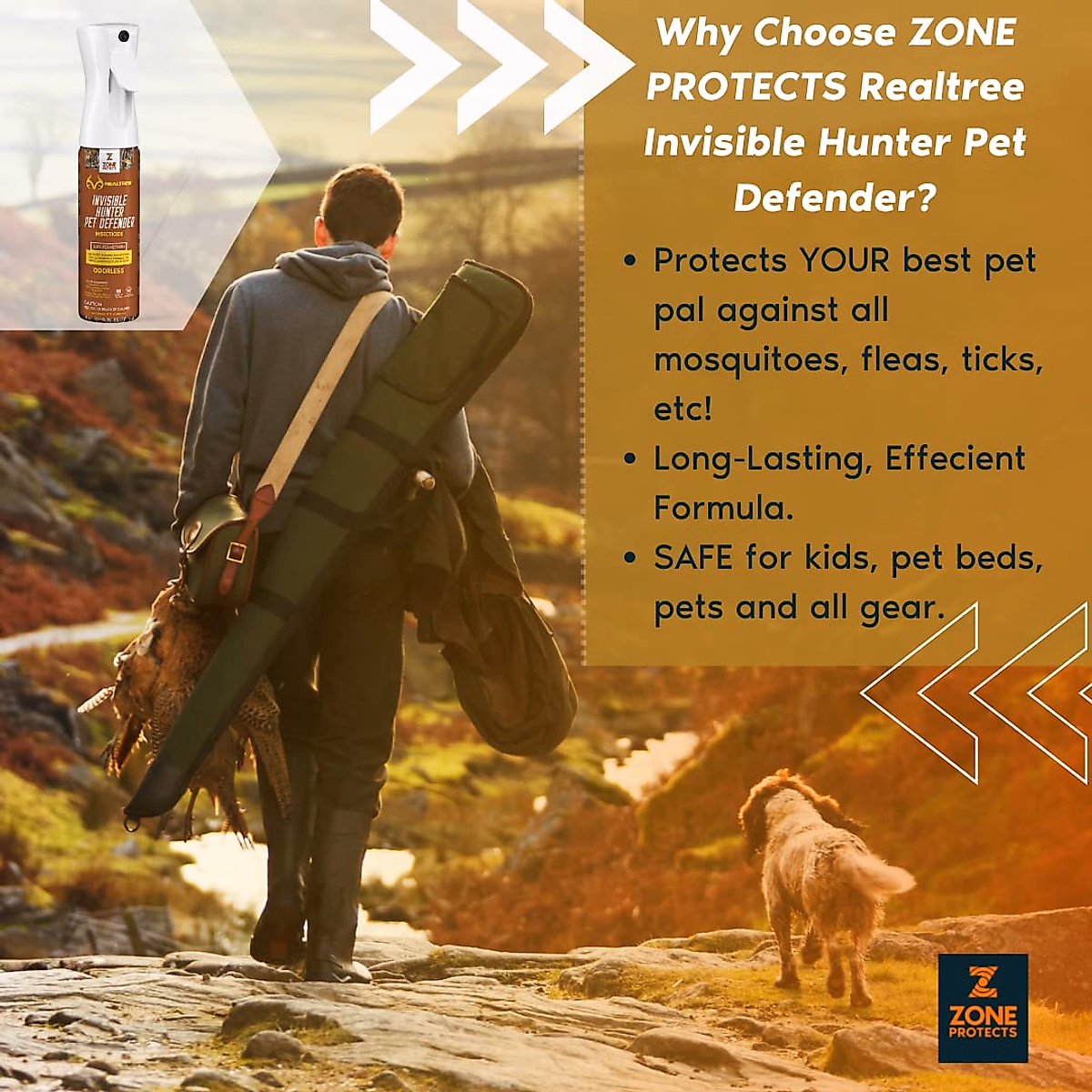 Zone Realtree Invisible Hunter Pet Defender Permethrin Insecticide, 10oz Continuous Permethrin Spray. Protect Your Dogs from Ticks and Fleas. Odor-Free. Lasts 40 Days.