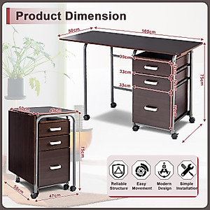 Foldable Computer Laptop Desk w/ 3 Drawers, Wheeled Laptop Desk with Metal Frame, Space Saving Folding Desk with Rolling Wheels for Home Office Small Space (Brown)