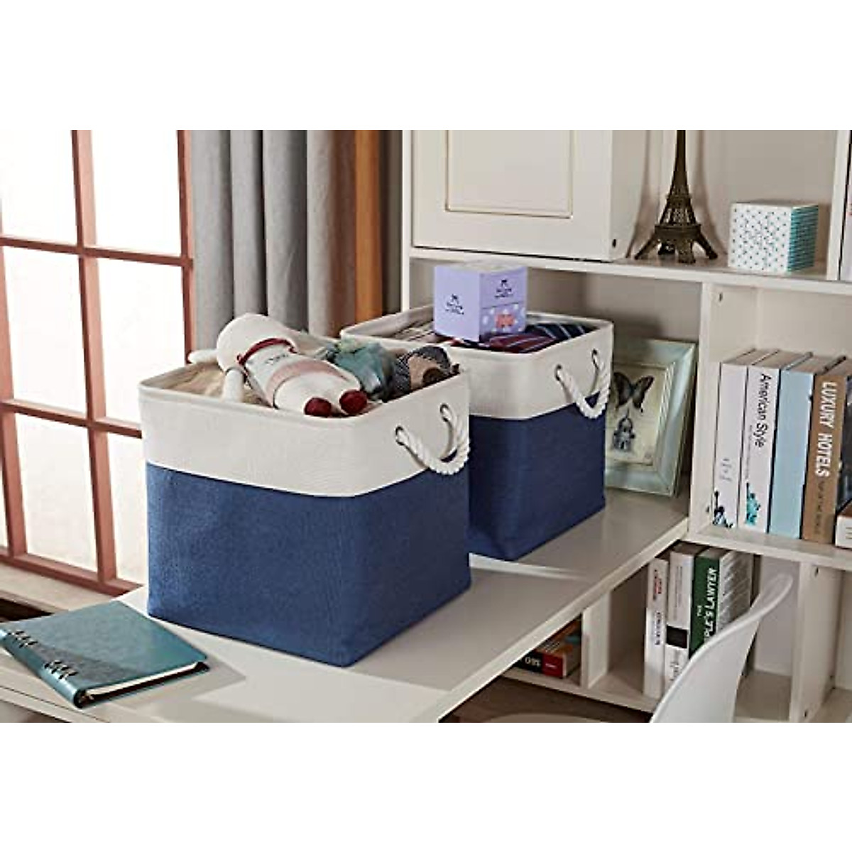 DECOMOMO Cube Storage Organizer Bins | Box Storage Cube Basket with Handles Fabric Cloth Bins for Organizing Shelf Nursery Home Closet (Navy Blue & White, 13 x 13 x 13 inch - 3 Pack)