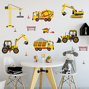 City Construction Vehicles Wall Decals, Truck Digger Excavator Cartoon Engineering Car Decorative Wall Stickers, Removable DIY Wallpaper for Kids Boys Bedroom, Playroom, Living Room Décor