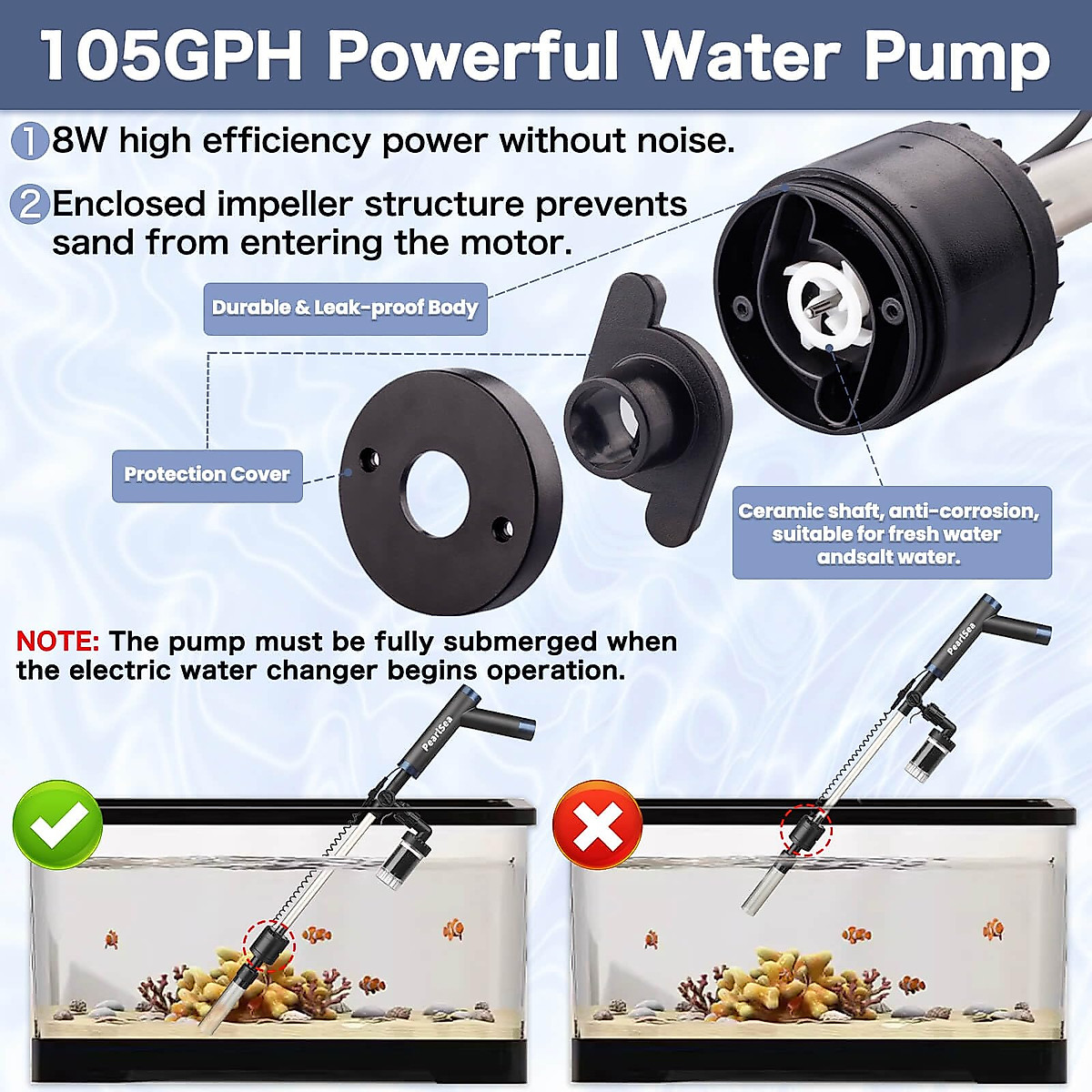 PearlSea Electric Aquarium Gravel Cleaner: 6 in 1 Electric Fish Tank Vacuum Gravel Cleaner for Automatic Water Changer Wash Sand Water Filter Circulation Remove Dirt Adjustable Water Flow (8W, 105GPH)