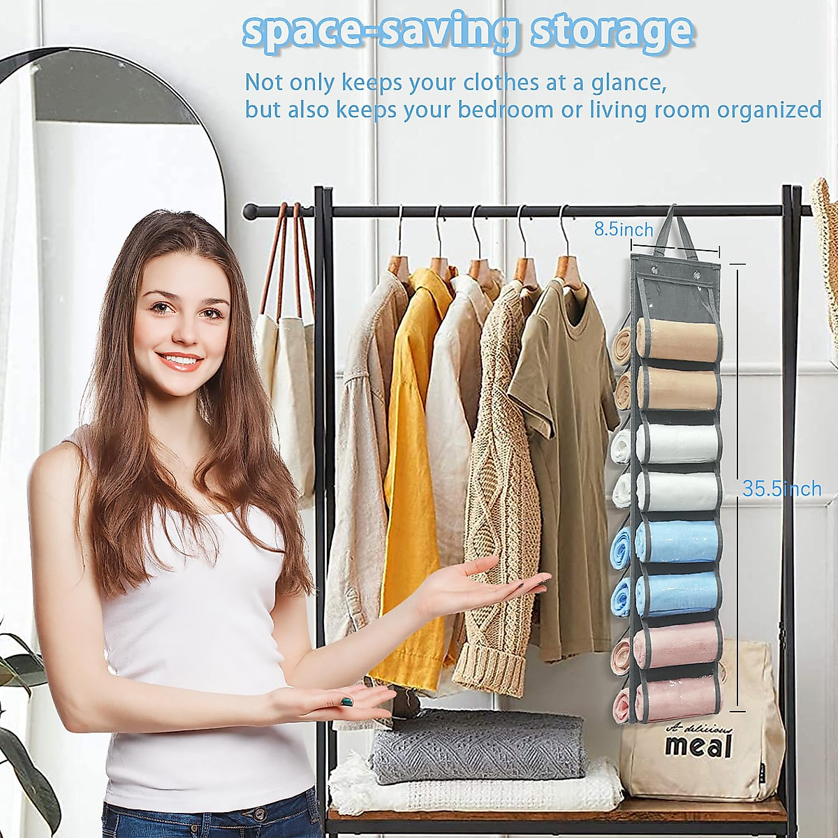 Leggings Storage Hanging Organizer,Storaging Hanger Roll Rack Holder for T-Shirt Jeans Gym Pants,RV Portable Closets Space Saver (Gray, 16 Compartments x 2Pack)