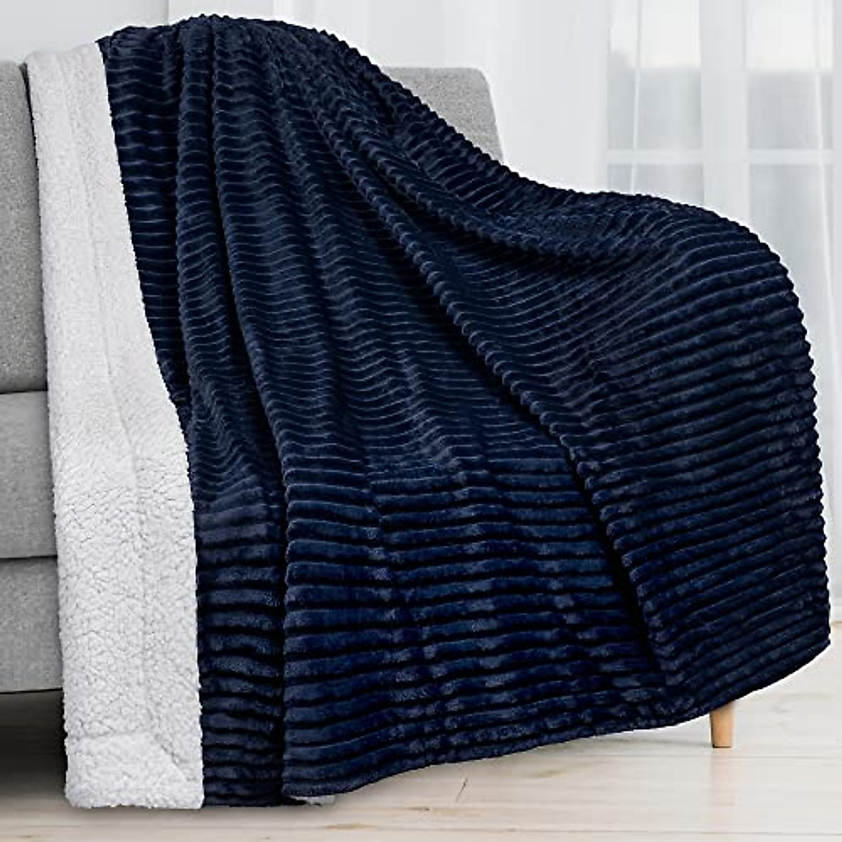 PAVILIA Sherpa Fleece Blanket Throw | Stripe, Super Soft, Plush, Luxury Flannel Throw | Thick Fluffy Ribbed Microfiber Blanket for Sofa Couch Bed (Navy Blue, 50x60 inches)