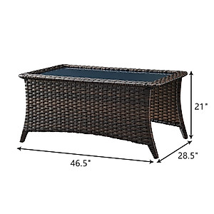 Pugire Patio Table Outdoor Coffee Tables - Rattan Wicker Coffee Table with Glass Top and 2-Tier Storage Shelf Rectangle for Outdoor Patio Porch Deck Balcony Garden(Brown/Glass Top)